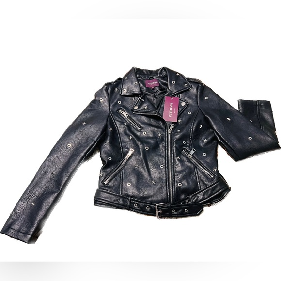 Vigoss | Jackets & Coats | Vigoss Faux Leather Jacket Star Studded Coat Belt Full Zip Black ...